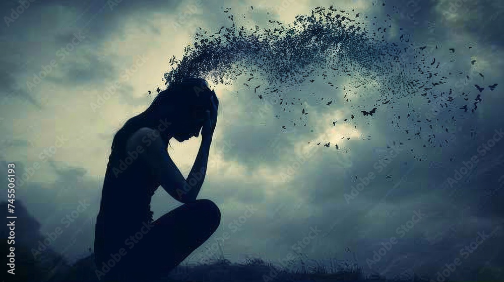 Abstract silhouette of intrusive thoughts. Depression and anxiety ...