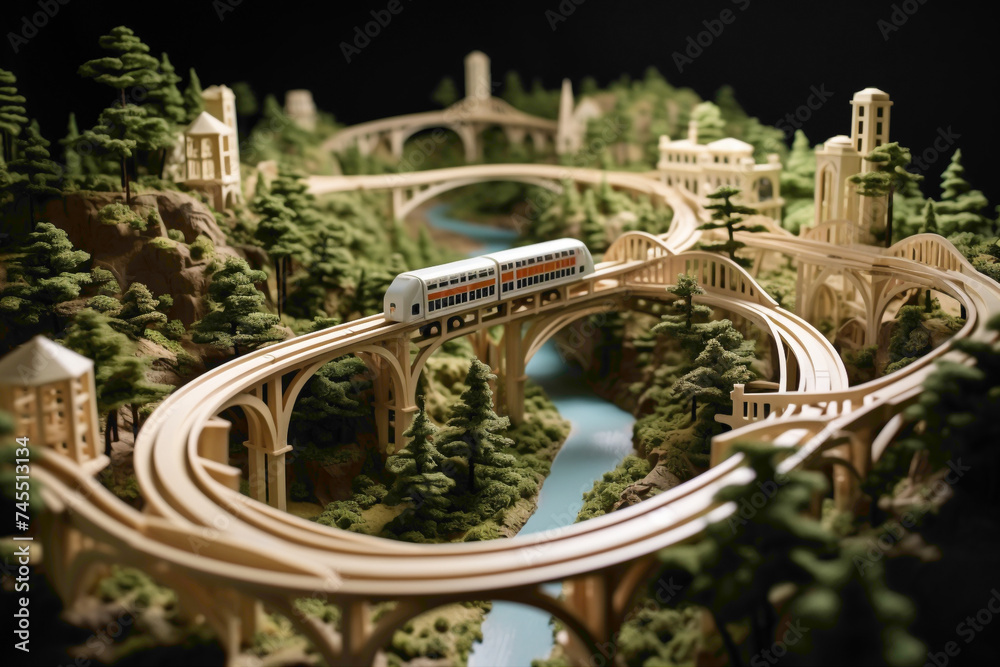 A 3D-printed train set winding through a miniature landscape with ...