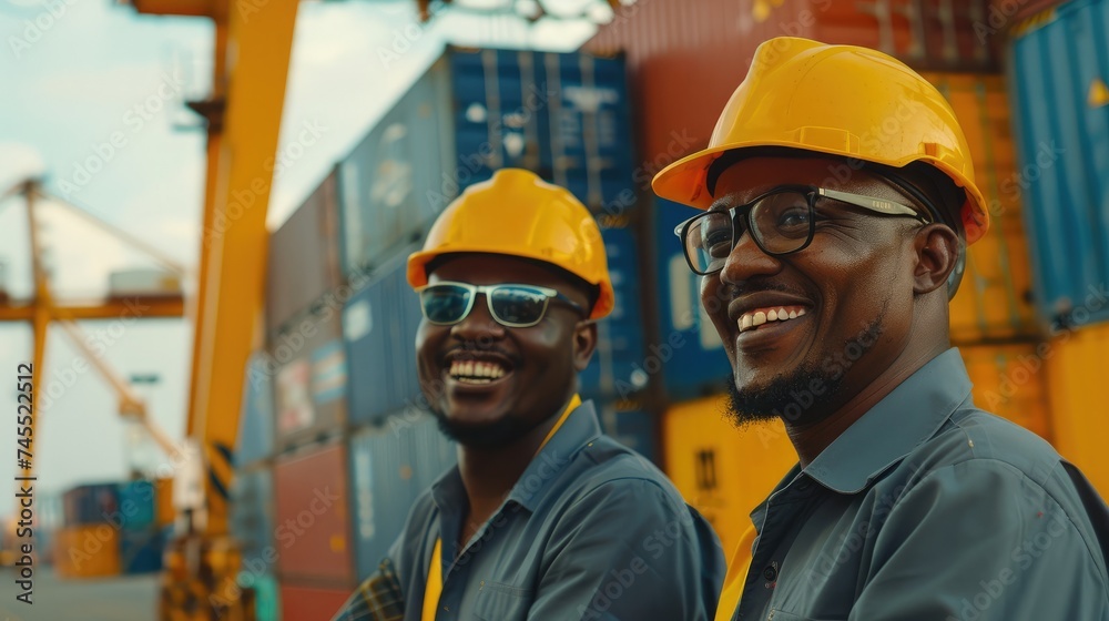 Portrait of two black African male container engineers smiling as a ...