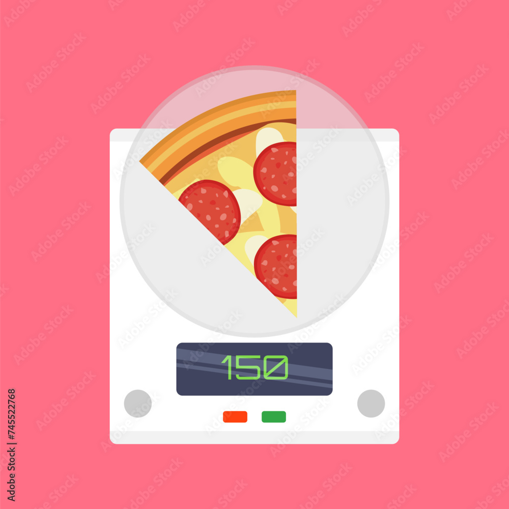 Poster pepperoni pizza slice on digital kitchen scales top view vector ...