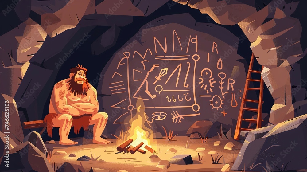Prehistoric cave with caveman primitive painting on stone walls and ...