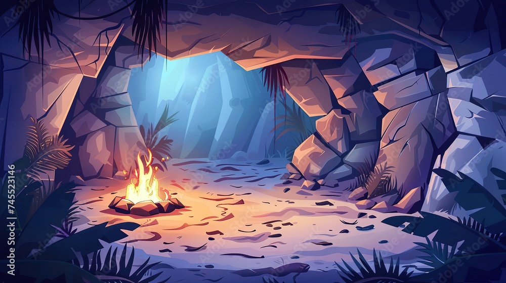 Prehistoric cave with caveman primitive painting on stone walls and ...