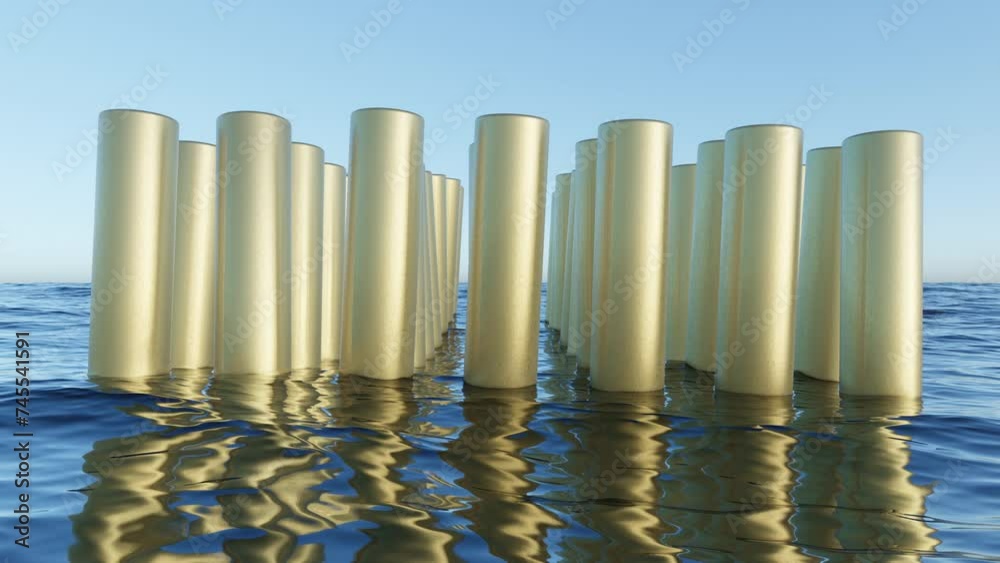 Vidéo Stock Golden columns in the water. A group of golden shiny ...