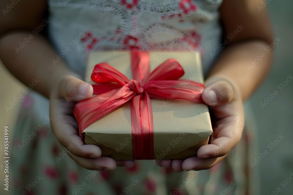 Child presenting a gift box with a red ribbon Capturing the joy and ...
