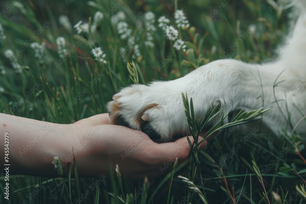 Dog paw in human hands with nature background, Shake a Paw, Take care ...