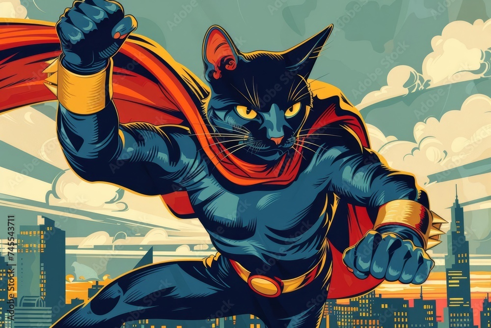 Heroic feline superhero in dynamic action pose With a cityscape ...