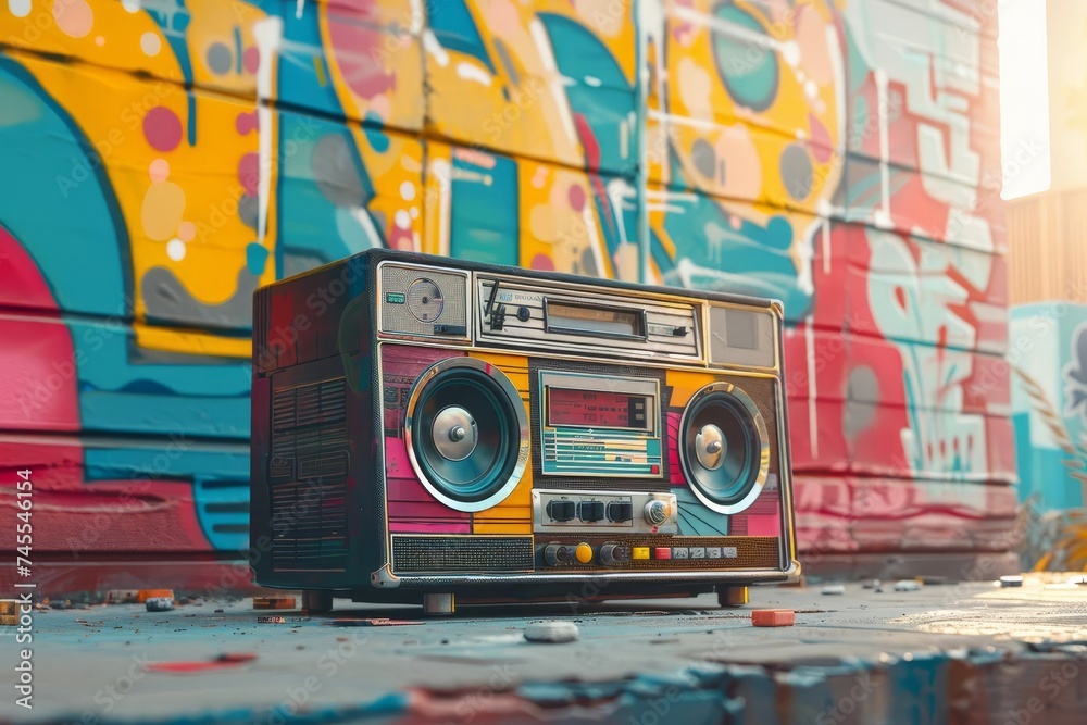 Vintage portable stereo Classic 90s style boombox Vibrant street art ...