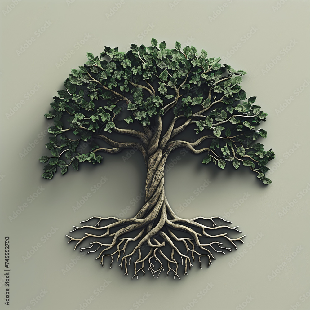 Conceptual Tree of Life with Deep Roots and Lush Canopy on Beige ...