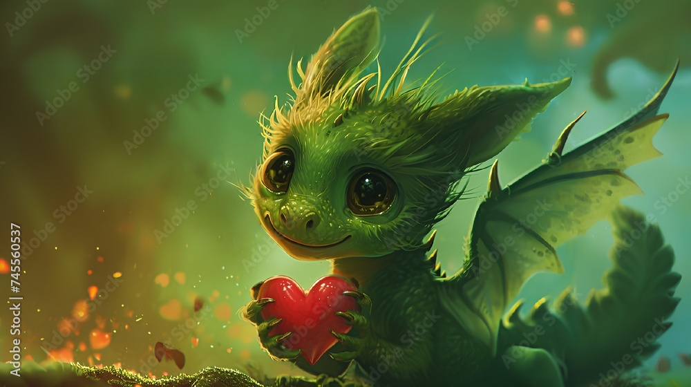 Adorable Green Dragon Holding Heart, Fantasy, Mythical Creatures and ...