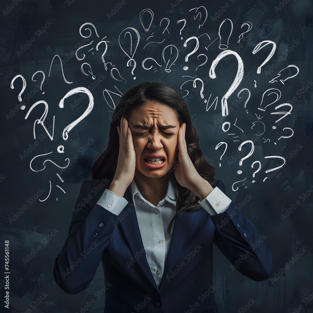 Office worker business woman in front of black board with so many ...