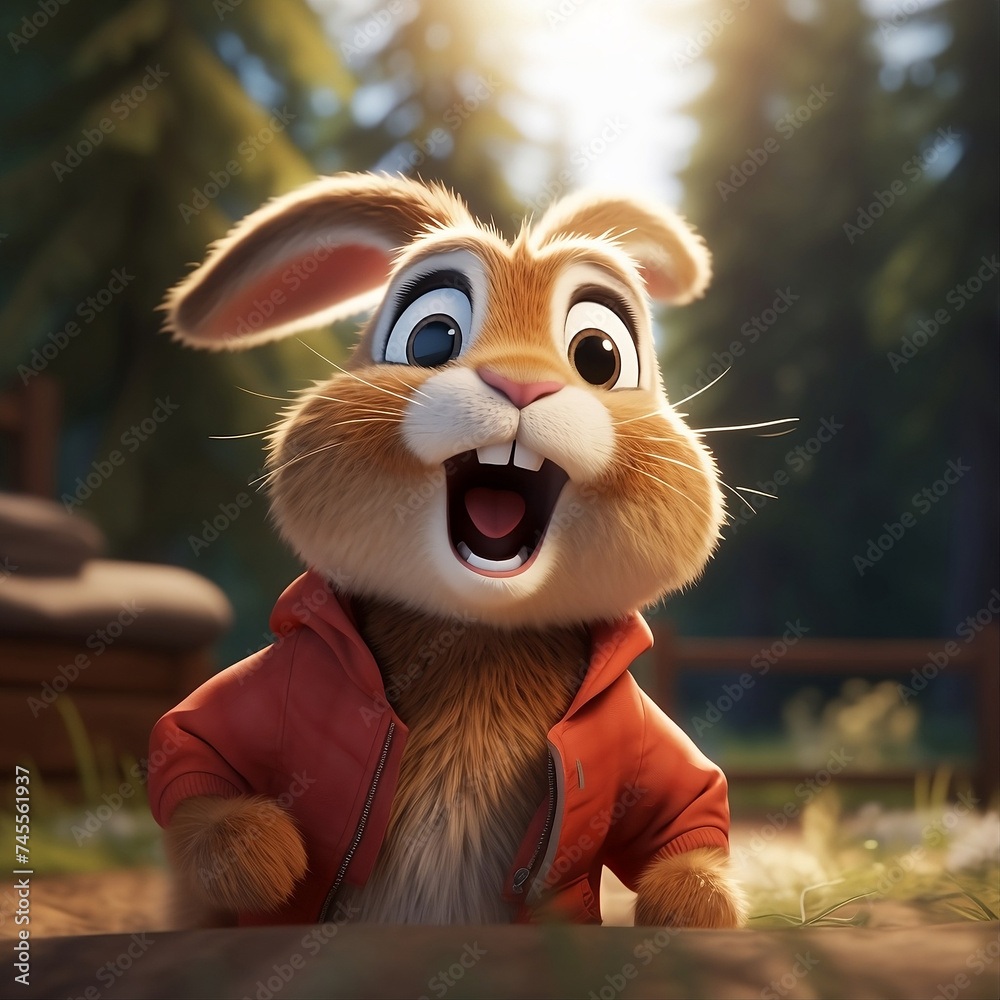cartoons, 3d animation, hase, Freude, große augen, im hintergrund bäume ...