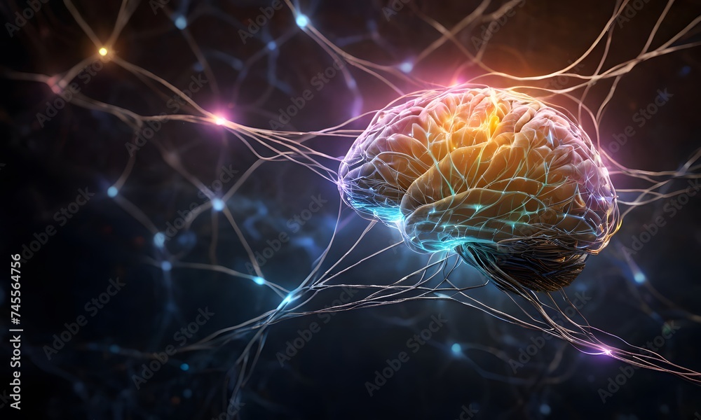 Illuminated Brain and Neural Networks. Brain integrated with intricate neural networks ...