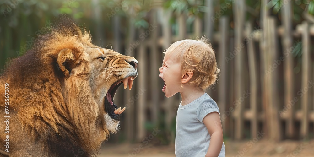 Toddler (human child) yelling at an adult lion Stock Photo | Adobe Stock