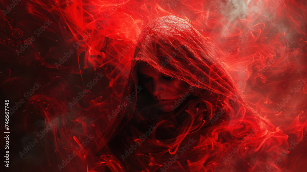 Sideways glance of a mysterious female figure in red gothic attire ...