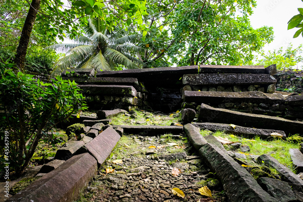 Ruins of main building in the ancient city of Nan Madol on the tropical ...