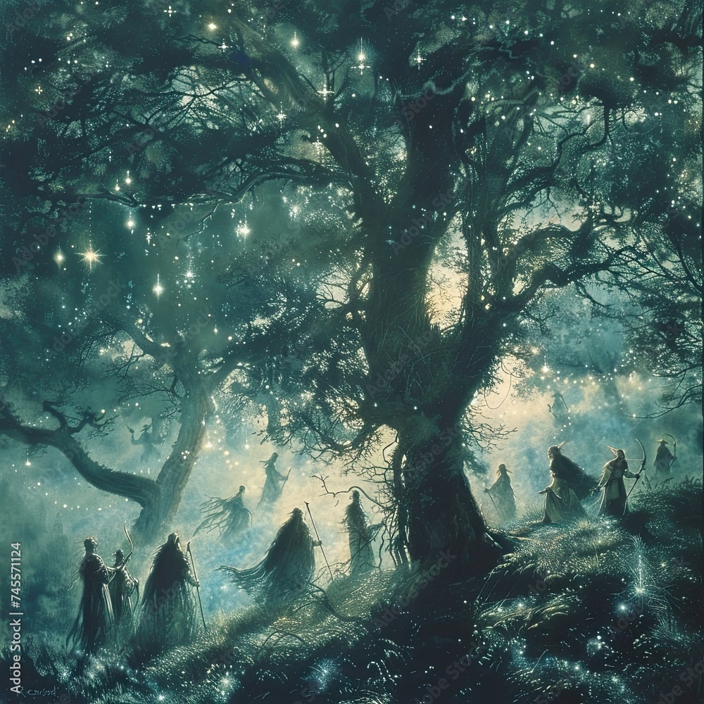An enchanted forest illuminated by magical spells, with elves weaving ...