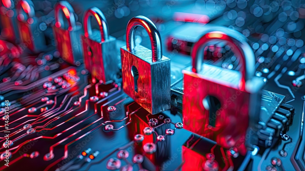 Cybersecurity Concept With Digital Locks And Firewalls Protecting A