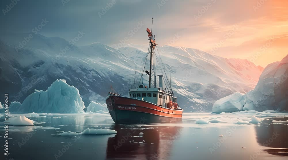 Abstract animation of a boat in icy waters. Sail, sea, helm, wind ...