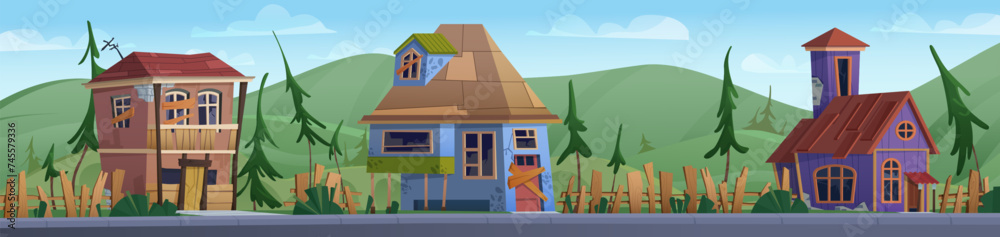 Abandoned village street with old houses. Vector cartoon illustration ...