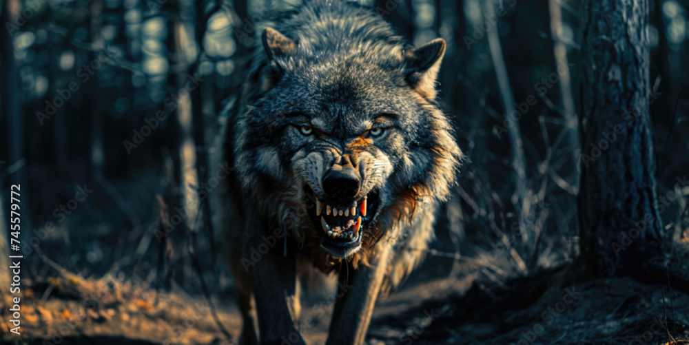 Portrait of aggressive, hairy Werewolf showing sharp teeth growling in ...