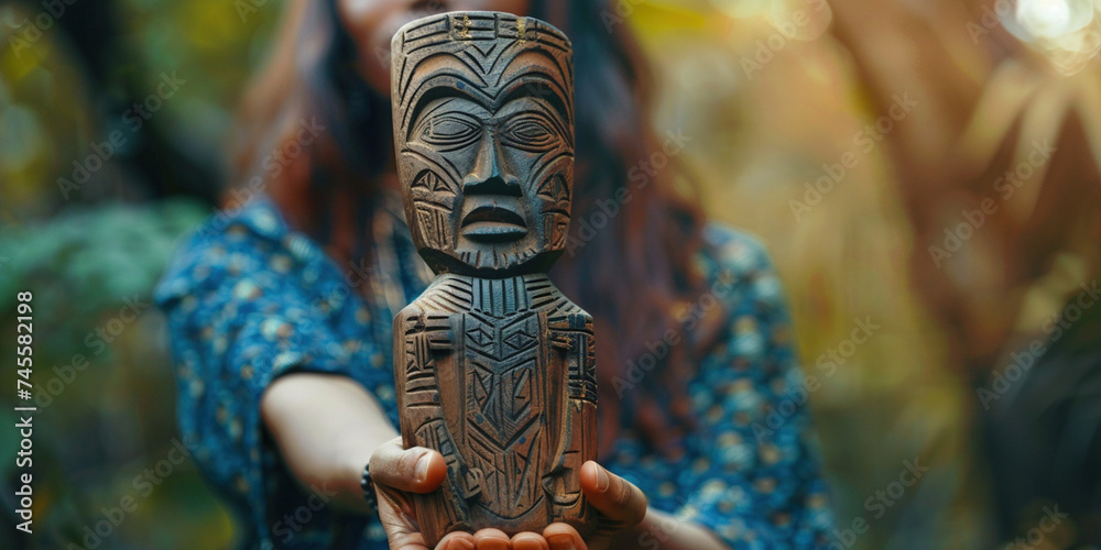 Brown wooden totem pole in woman hands with green trees park background ...