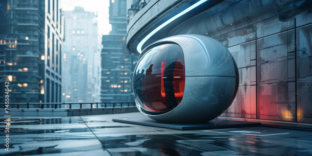 Instant relocation device in a futuristic urban setting blending sleek ...
