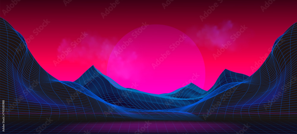 Synthwave retro background with grid mountain and neon pink sunset ...