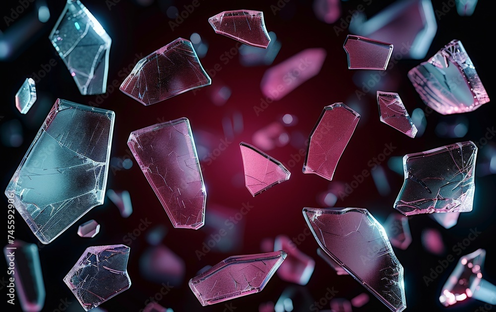 Shattered and broken glass shards flying through the air after crush ...