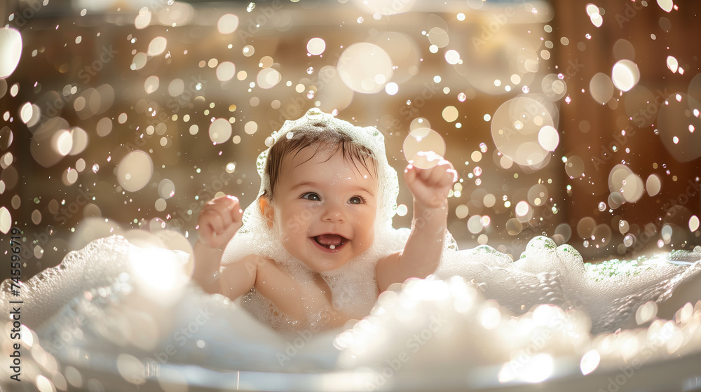 A delighted baby with a bubbly crown laughs amidst sparkling water ...