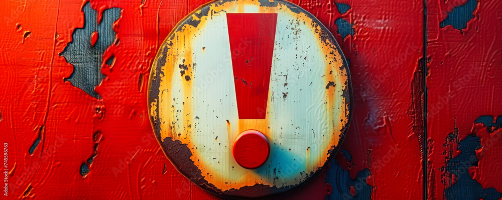 Vibrant red exclamation point sign on textured background symbolizing ...