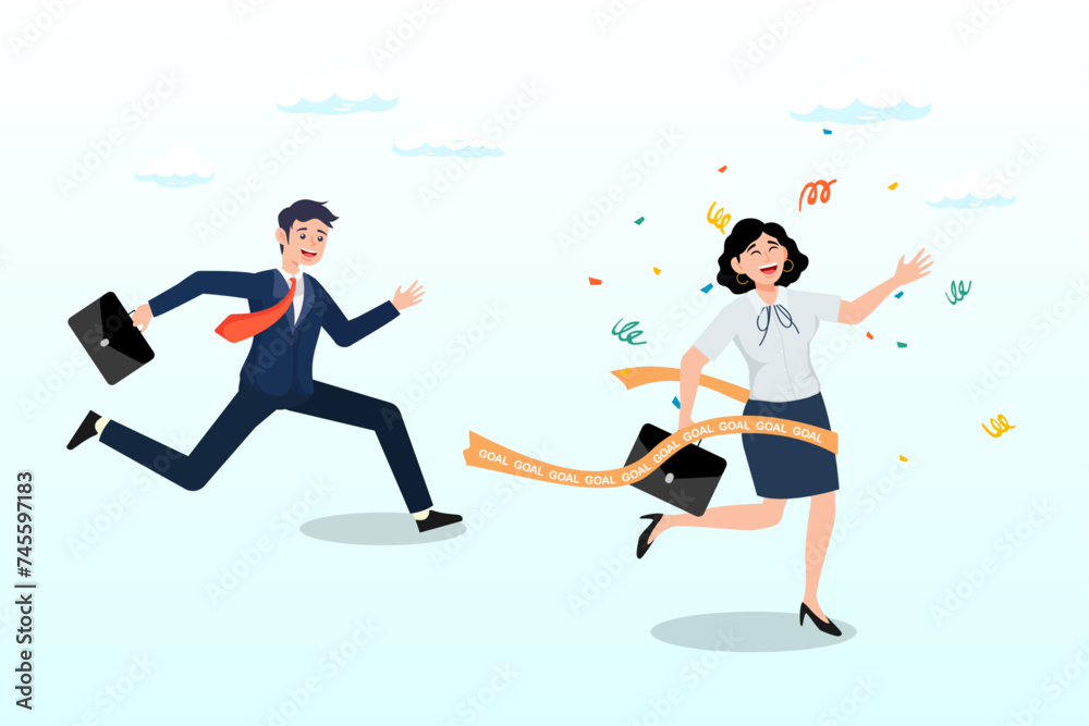Confident businesswoman reach finishing line win competition over men ...
