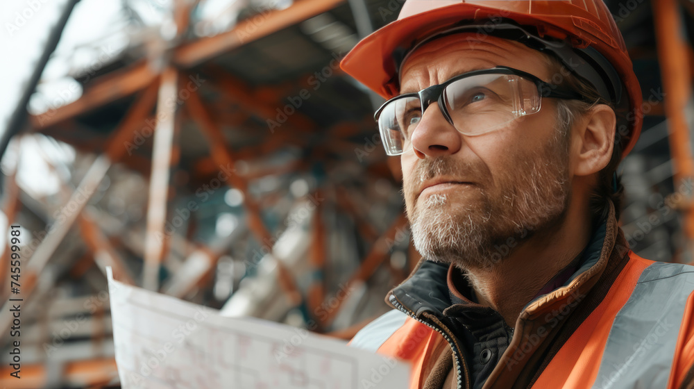A close-up, realistic portrait of a civil engineer reviewing blueprints ...