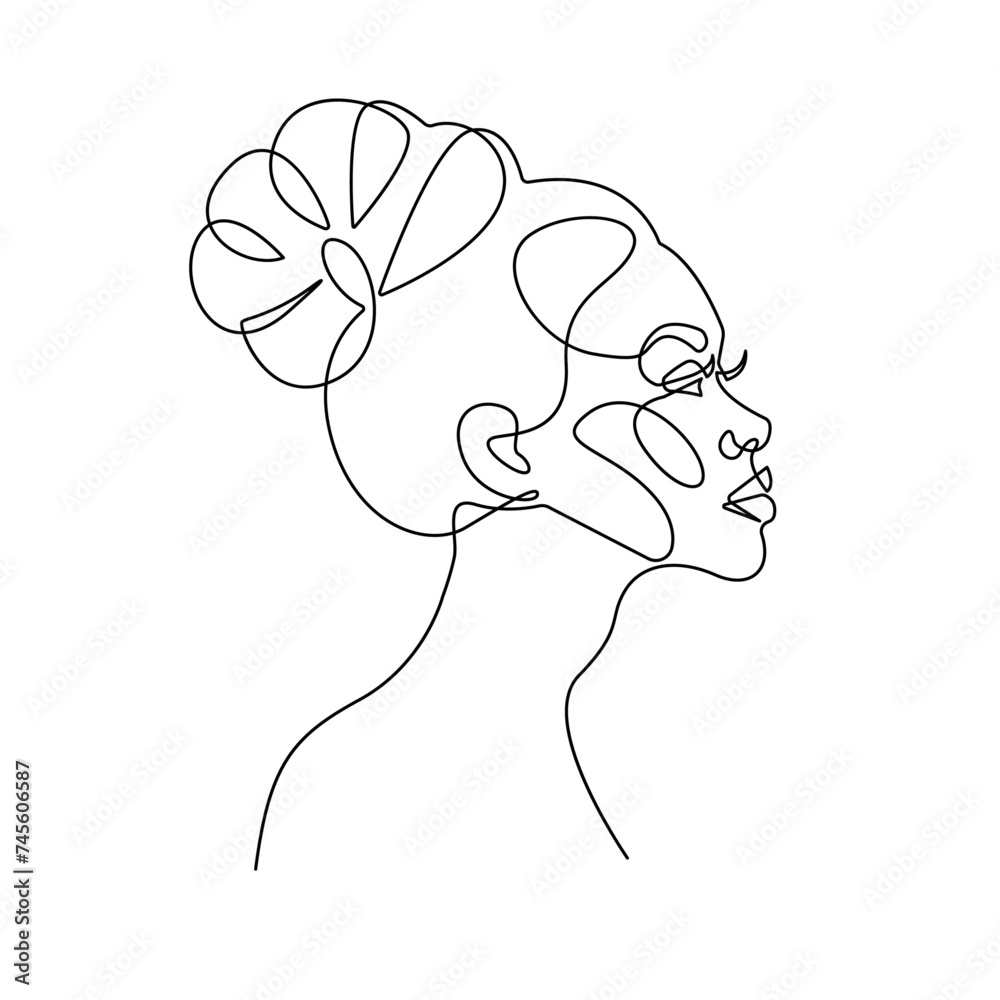 Female Profile One Line Vector Drawing. Style Template with Abstract ...