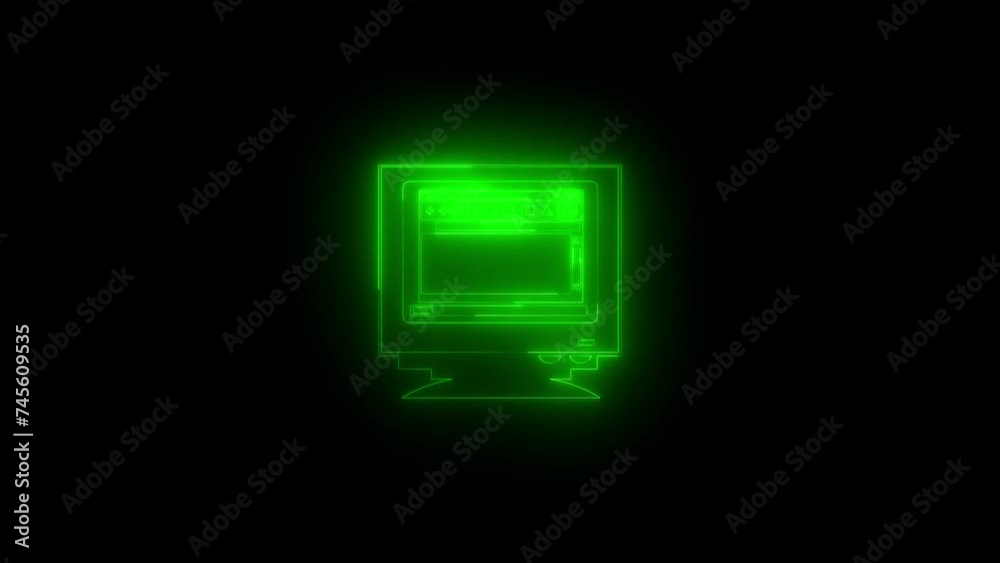 Neon glowing green computer monitor icon animation in black background ...