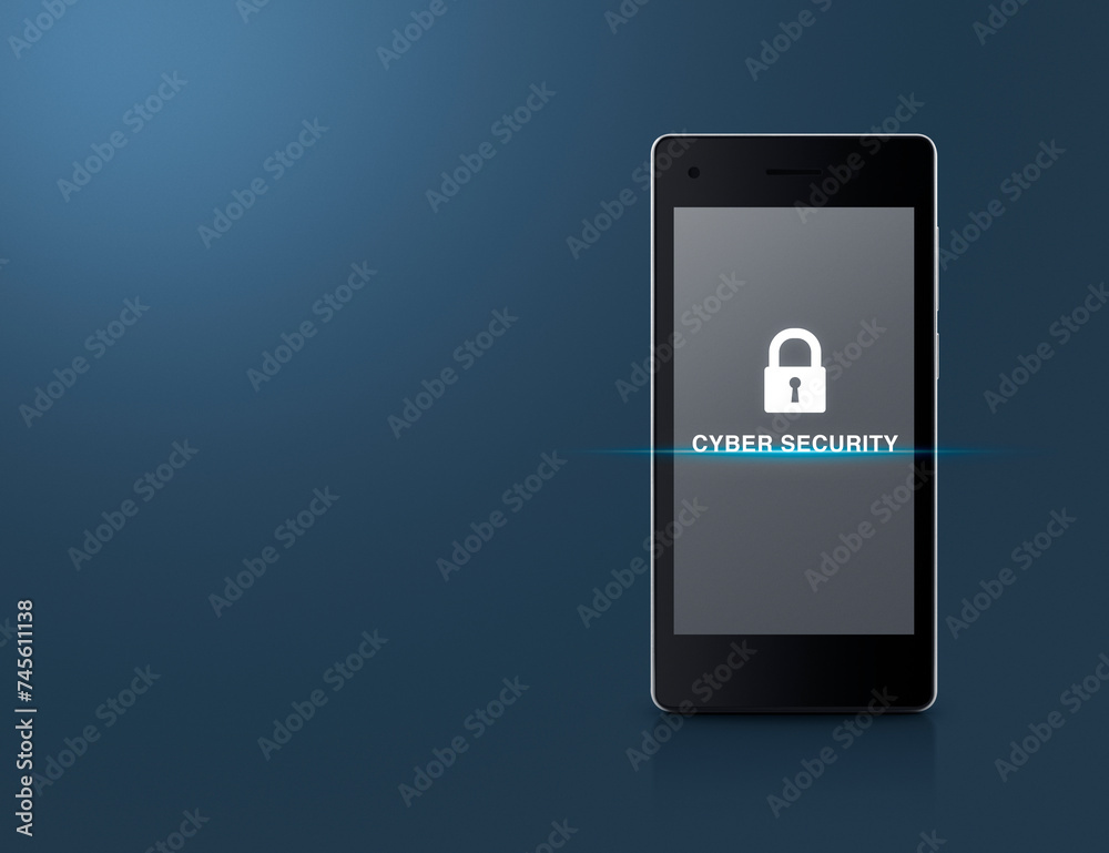 Key icon and cyber security text on modern smart mobile phone screen ...
