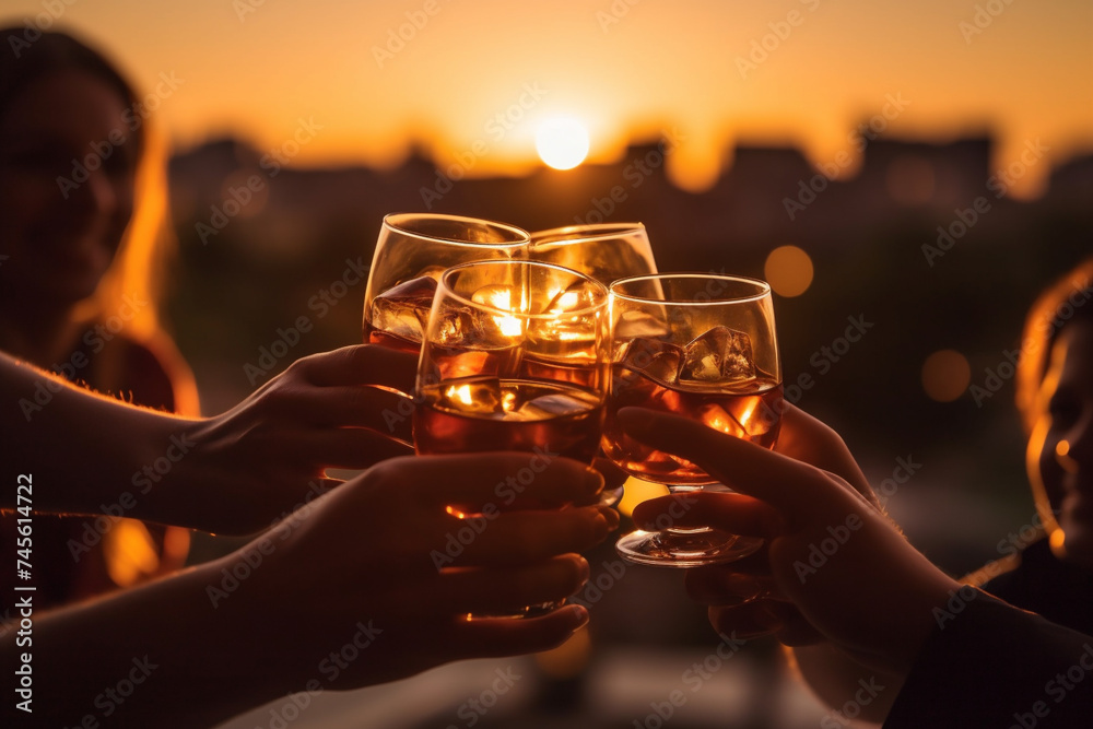 Silueta al atardecer de un grupo de amigos chocando sus copas de cóctel ...