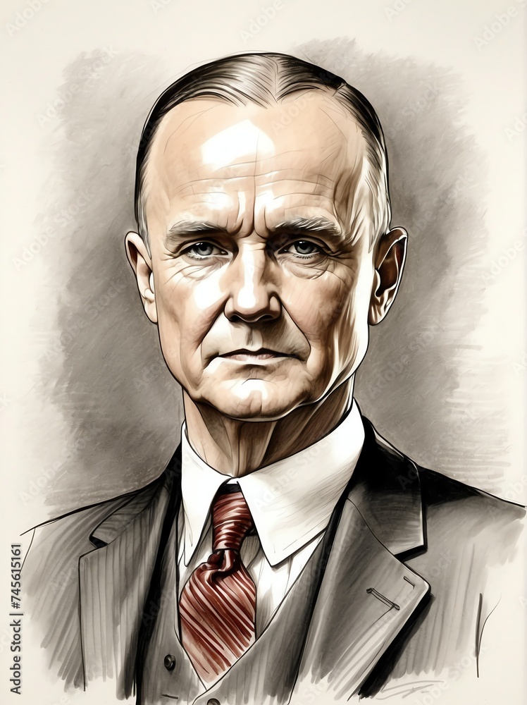 Calvin Coolidge hand drawn sketch portrait on plain white background ...