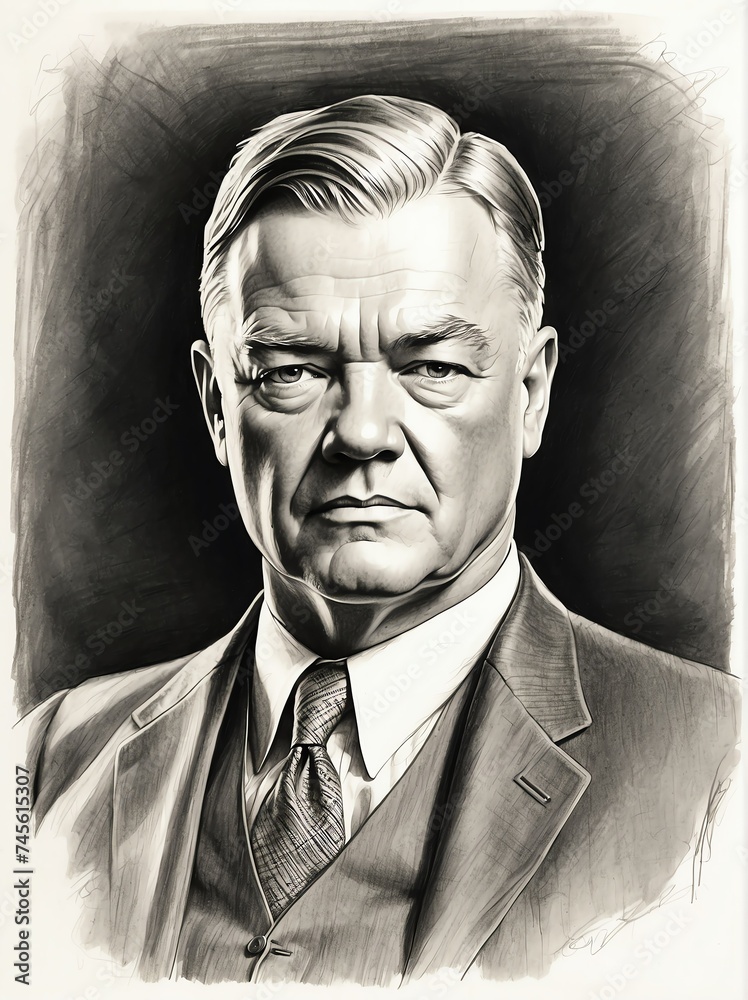 Herbert Hoover hand drawn sketch portrait on plain white background ...