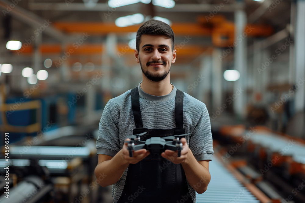 A smiling worker in a drone manufacturing plant holds a newly assembled ...