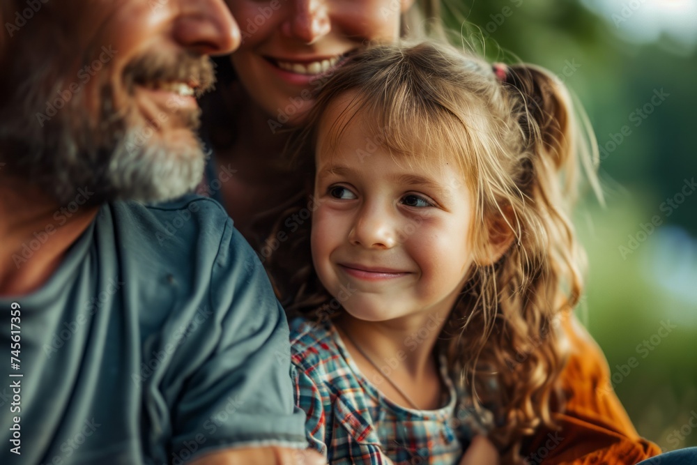 Happy family moment with a smiling child embracing her parents outdoors ...
