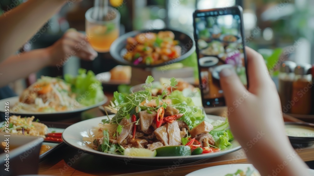 restaurant owner takes a picture of the food on the table with a ...