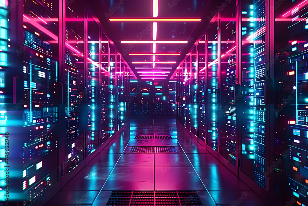 Modern Data Technology Center Server Racks In Dark Room With Vfx Visualization Concept Of