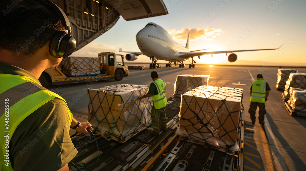 A plane A380 parking near the terminal. Ground crew loading luggage ...