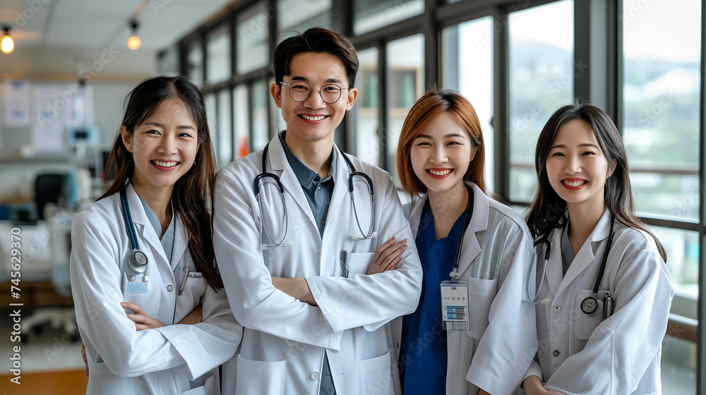 group of smiling Asian male doctors and smiling Asian female doctors ...