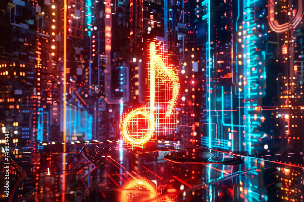 Design a futuristic 3D animation centered around a musical note with an ...