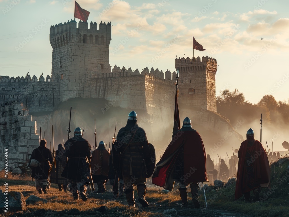 Under a dramatic, cloudy sky, a medieval knight on horseback leads a ...