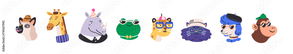 Cute animal characters, funny head portraits set. Modern cool sassy ...