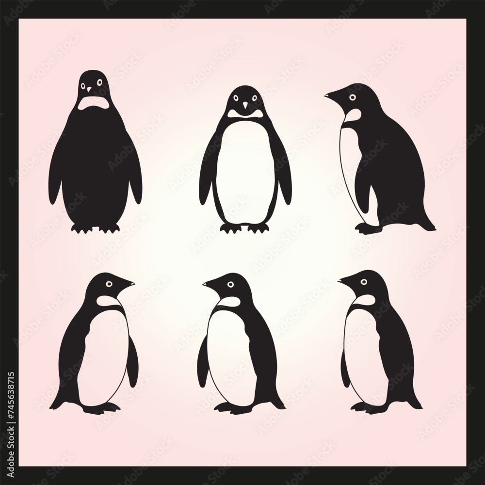 Penguin silhouette set Clipart on a hex color background Stock Vector ...