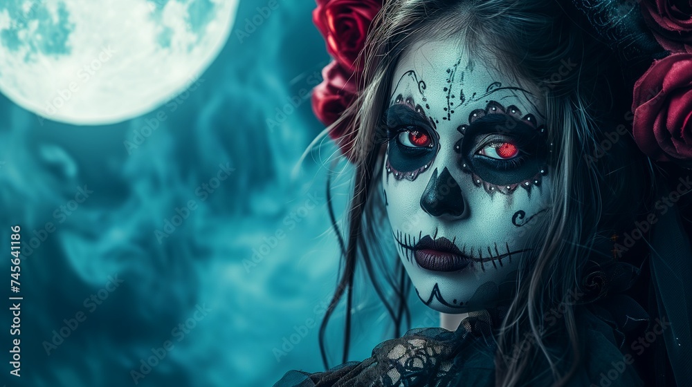 In the eerie glow of Halloween moonlight, a haunting beauty portrait ...