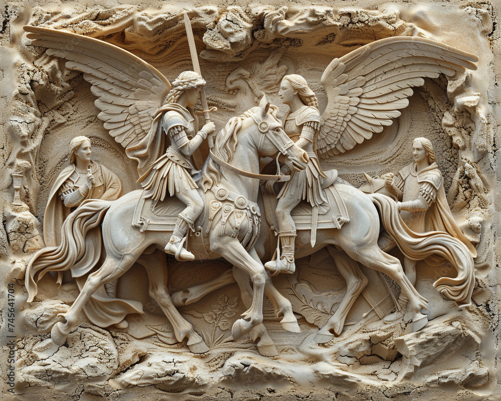 Sand carvings of Valkyries choosing heroes dynamic scenes of these ...